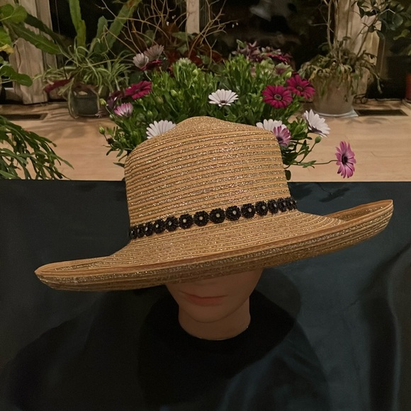 Accessories | Metallic Gold Straw Hat With Black Floral Beaded And ...